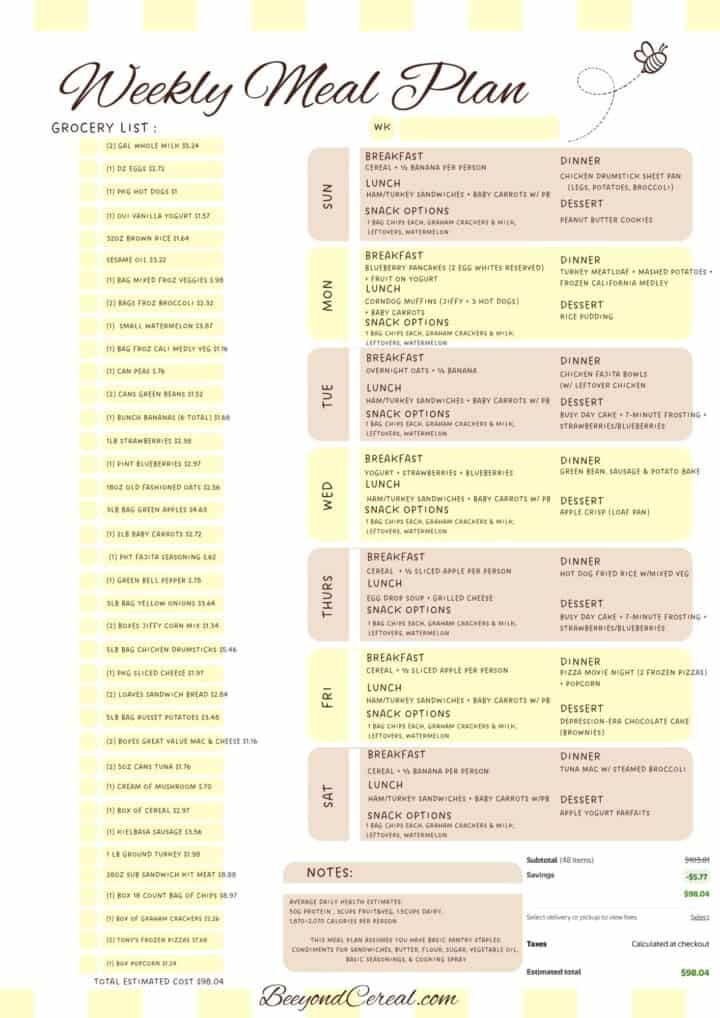Weekly Meal Plan (with Grocery List) #1 - BeeyondCereal